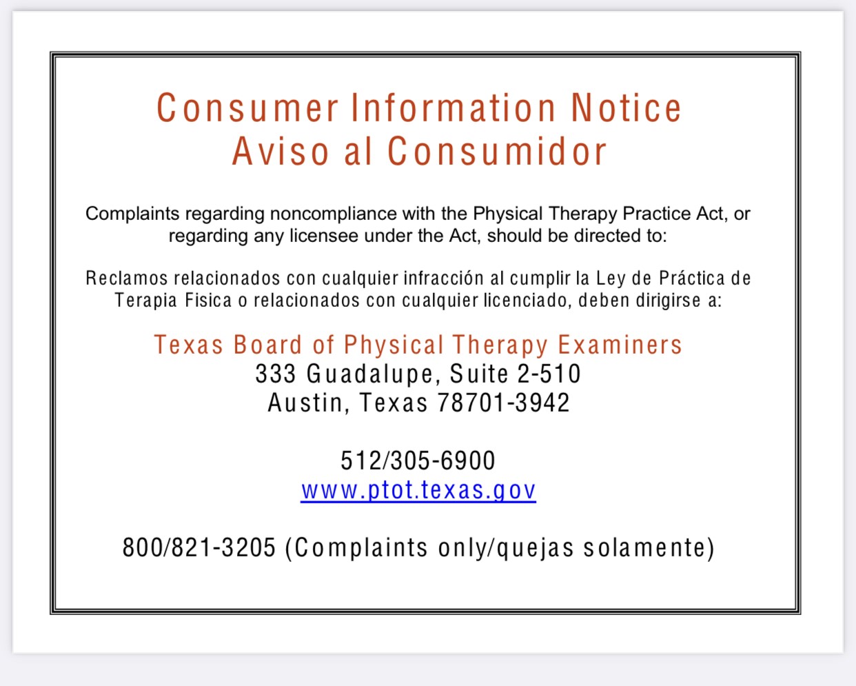 consumer information sign – Rise Physical Therapy and Performance ...